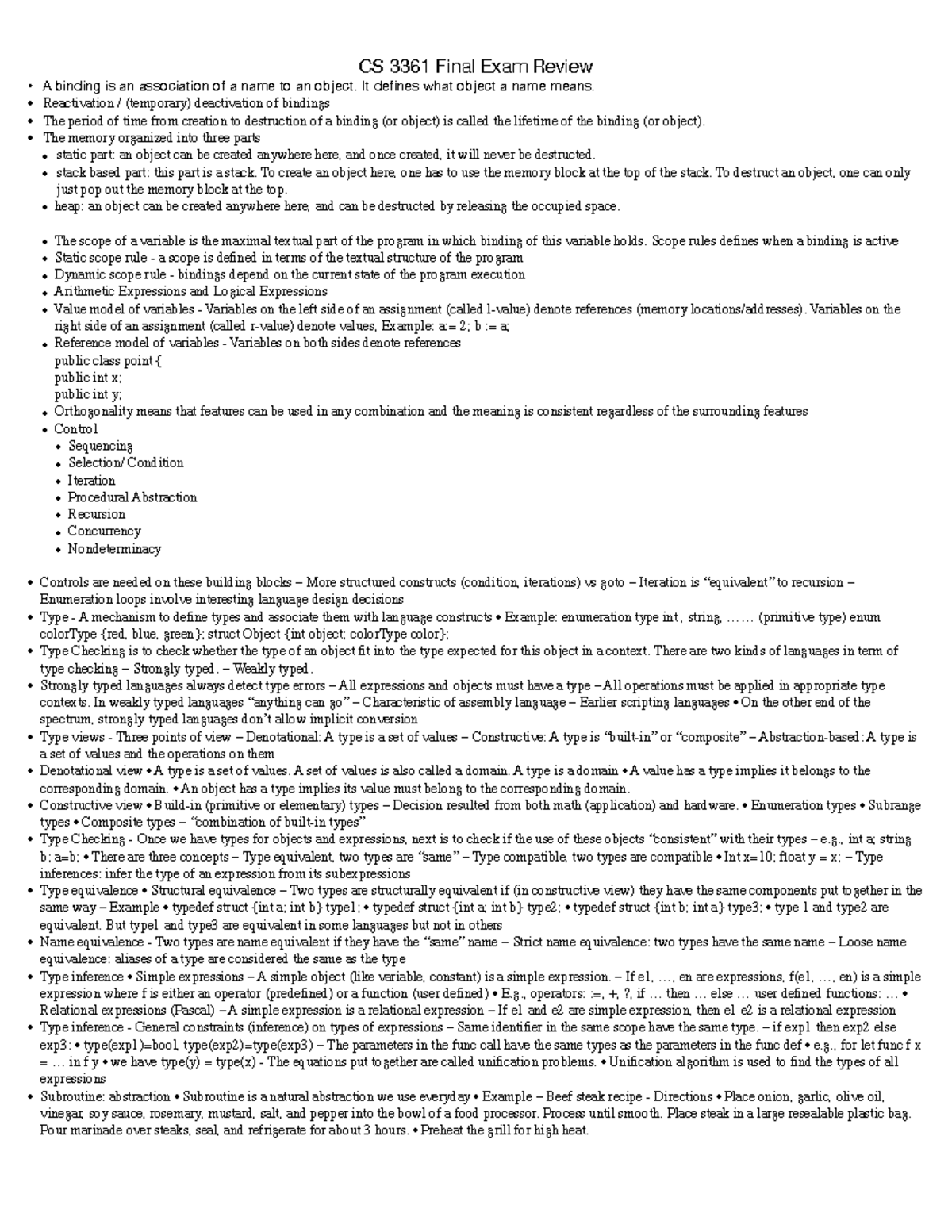 CS 3361 Final Exam Review - CS 3361 Final Exam Review " A binding is an association of a name ...