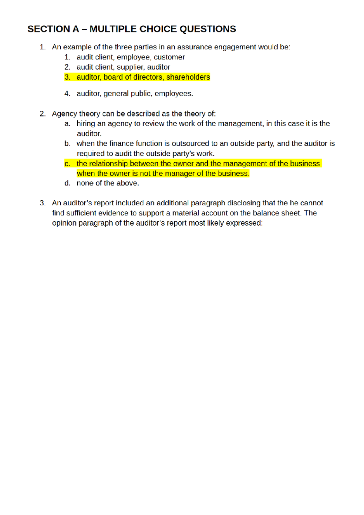 Audit Random Sample Exam - SECTION A — MULTIPLE CHOICE QUESTIONS 1. An ...