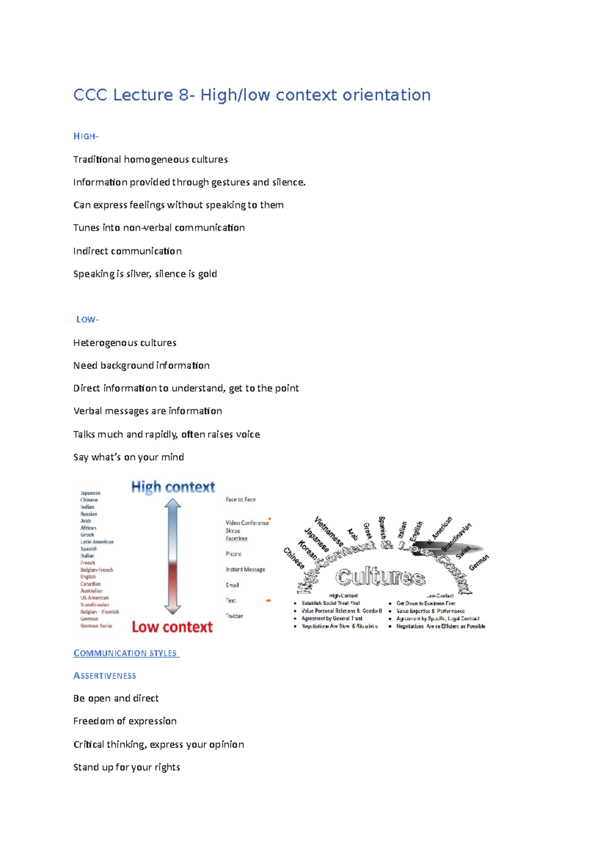 Notes lecture 8 - CCC - CCC Lecture 8- High/low context orientation ...