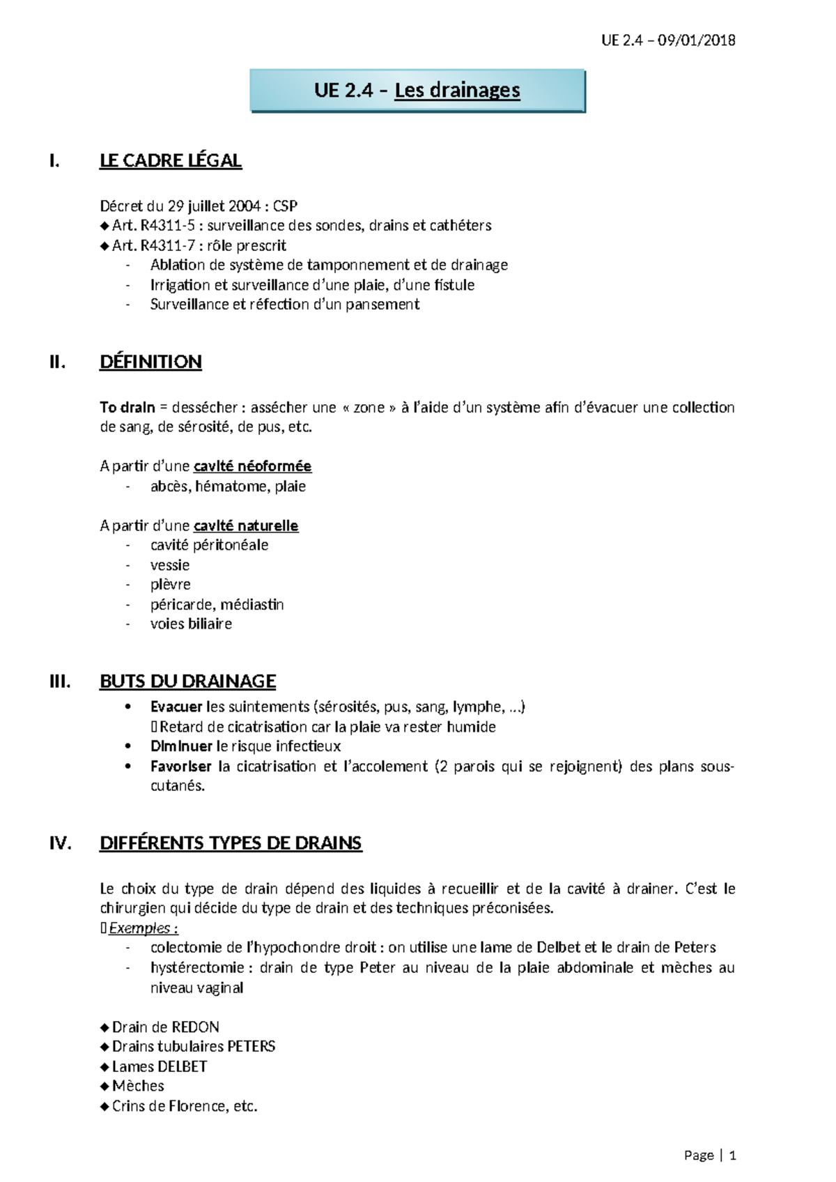 U.E 2.4 Les drainages - IFSI NORD MARSEILLE COURS PERSO - UE 2 – 09/01/ UE 2 – Les drainages I ...