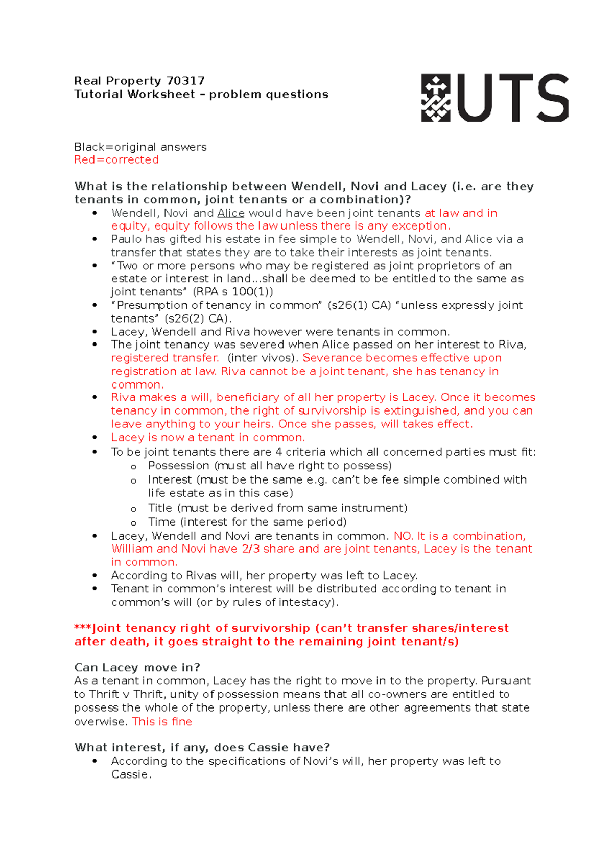 Tut 4 Co Ownership - Real Property 70317 Tutorial Worksheet – problem ...