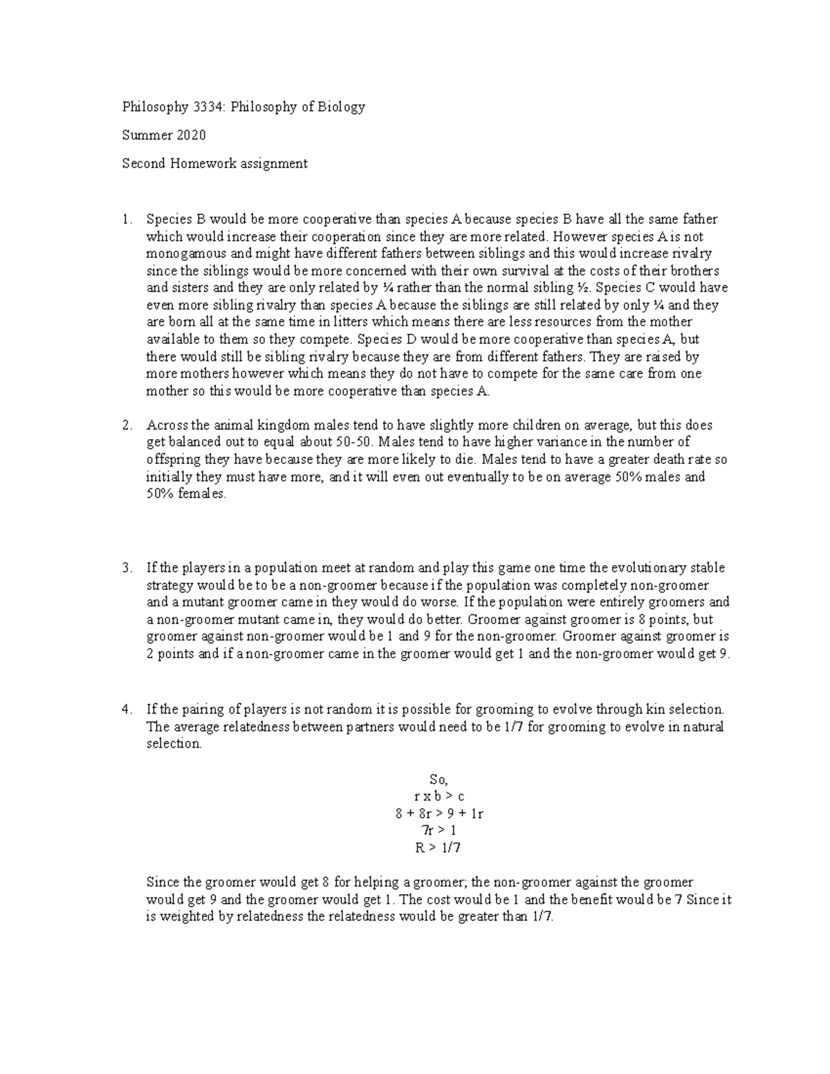 Philosophy 3334 Hw 2 - essay - Philosophy 3334: Philosophy of Biology ...