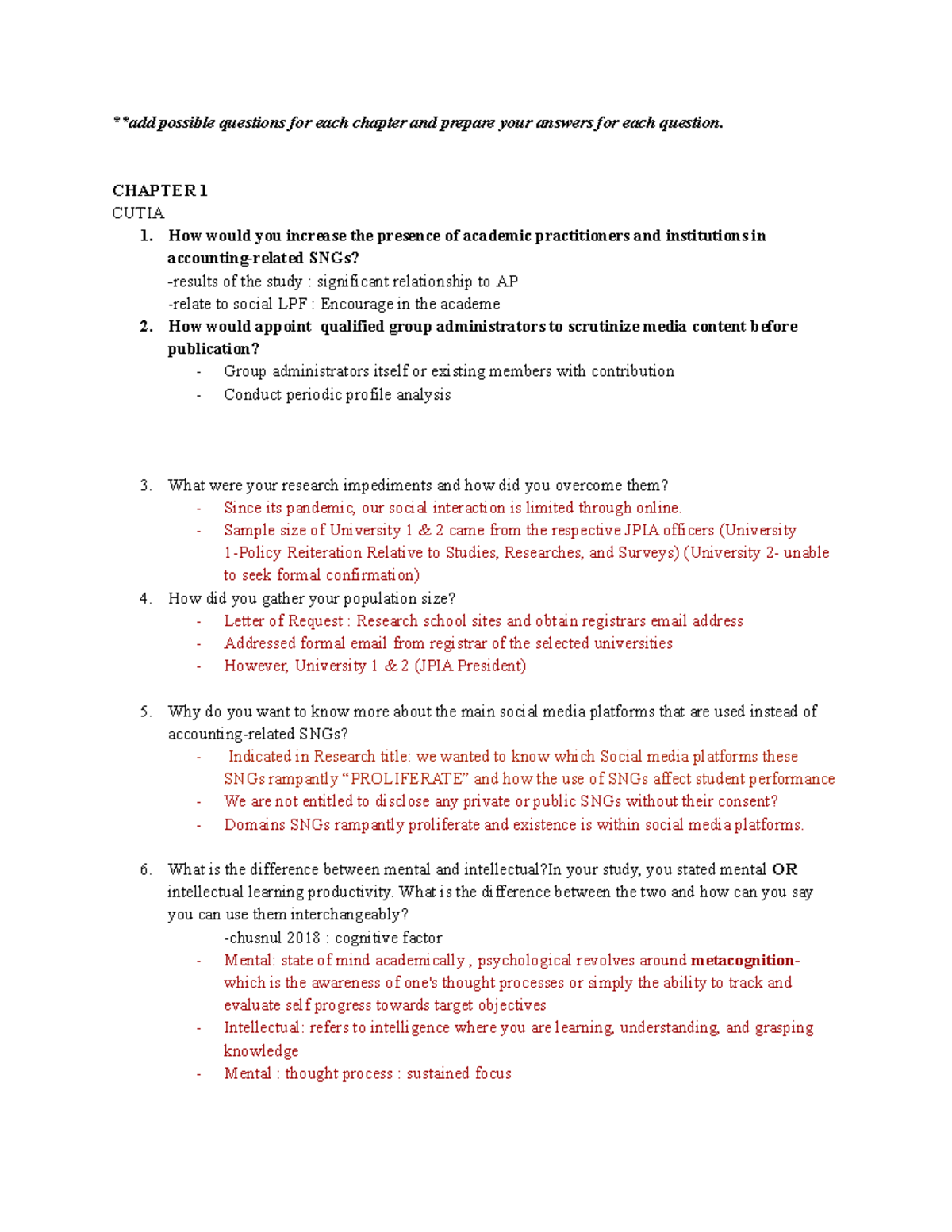 Research Questions (1-5) - **add possible questions for each chapter ...