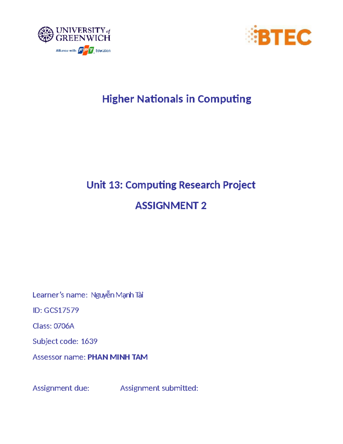 1639 Gcs17579 Nguy N M Nh T I Assignment 2 Higher Nationals In Computing Unit 13 Computing