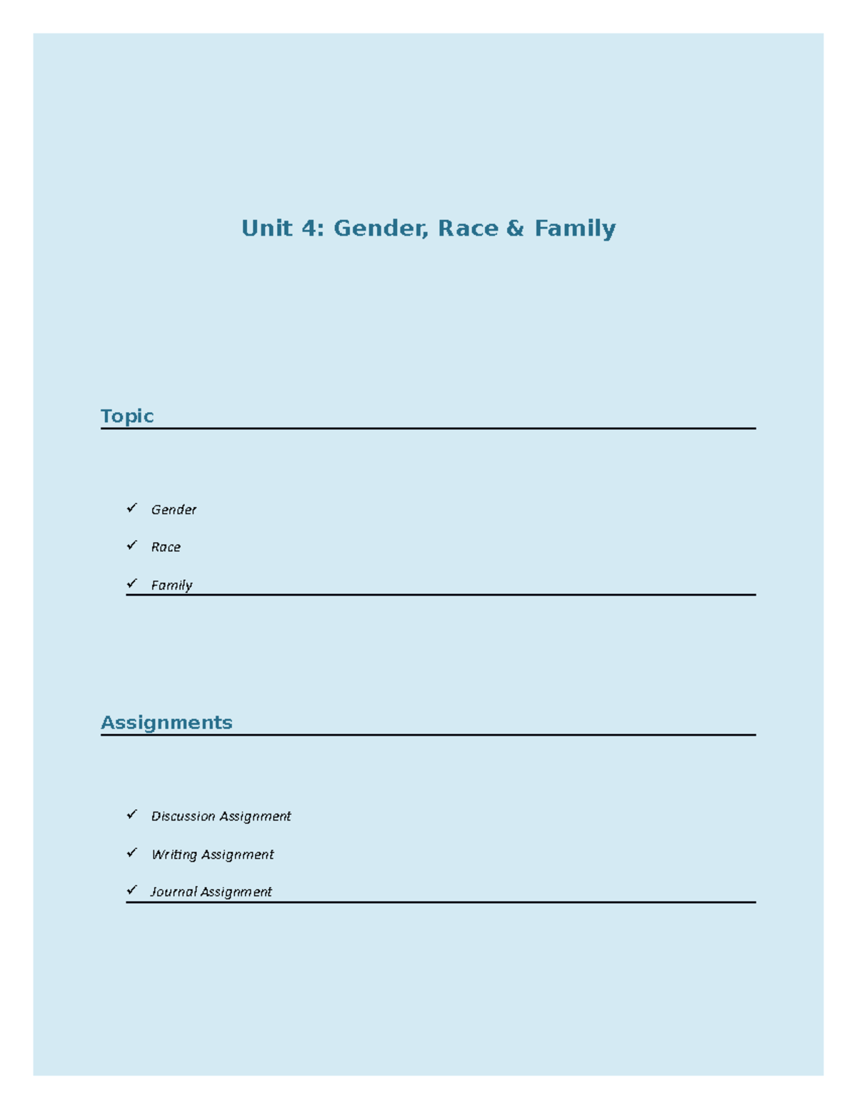 SOC 1502 Unit 4 Assignments - Unit 4: Gender, Race & Family Topic ...
