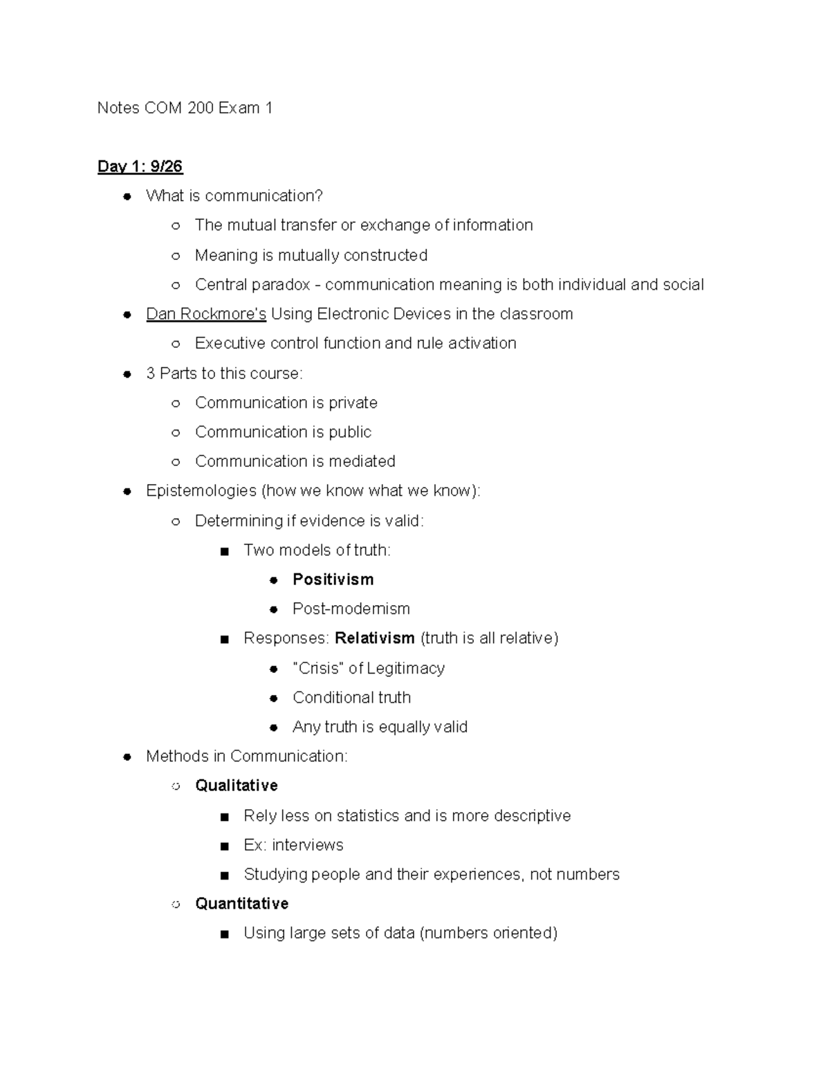 COM 200 Exam 1 Notes - Notes COM 200 Exam 1 Day 1: 9/ What is ...