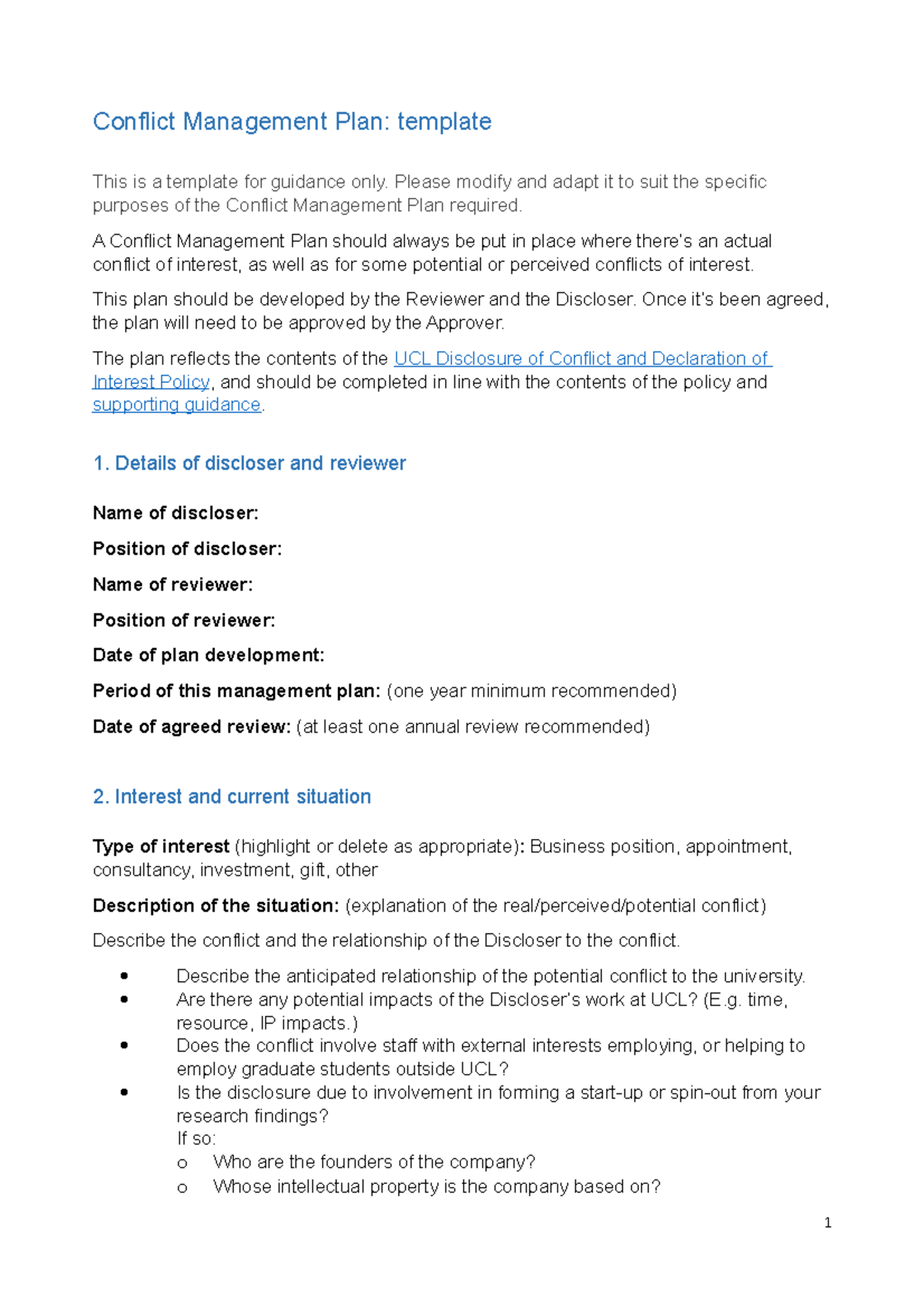 Ucl conflict management plan template v1 - Conflict Management Plan ...