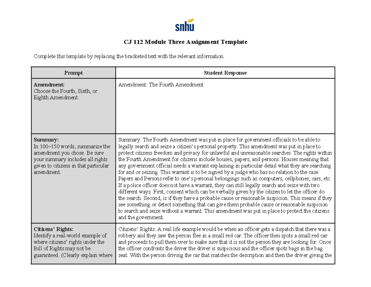 CJ 112 Module 3 Amendment - CJ 112 Module Three Assignment Template Complete this template by ...