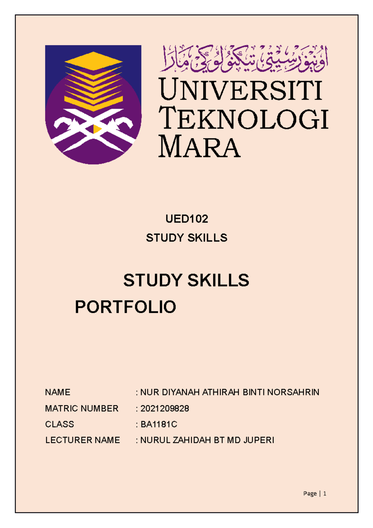 ued assignments - UED STUDY SKILLS STUDY SKILLS PORTFOLIO NAME : NUR ...