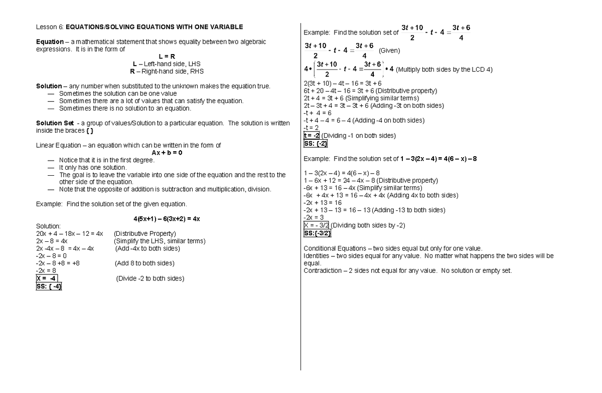 Equations - math - Lesson 6: EQUATIONS/SOLVING EQUATIONS WITH ONE ...