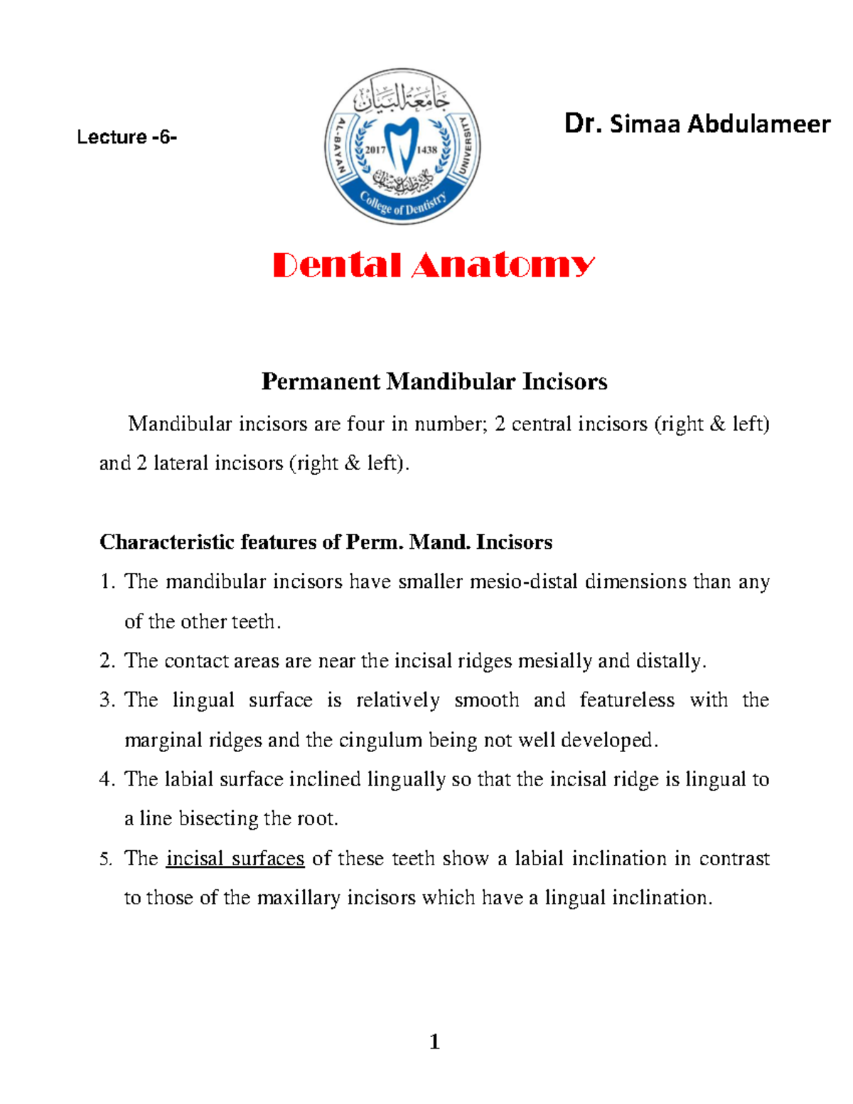 Lecture 6 Man Incisors - dental anatomy - Lecture -6- Dental Anatomy Dr ...