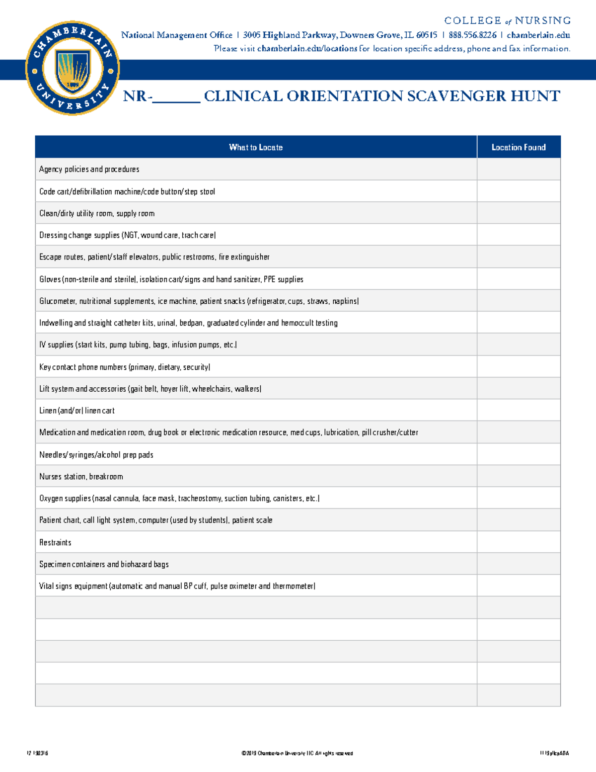 Clinical Orientation Scavenger Hunt - 12-190316 ©2019 Chamberlain ...