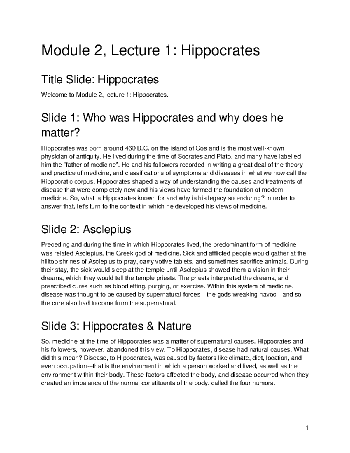 Module 2 Lecture 1 Hippocrates - 1 Module 2, Lecture 1: Hippocrates ...