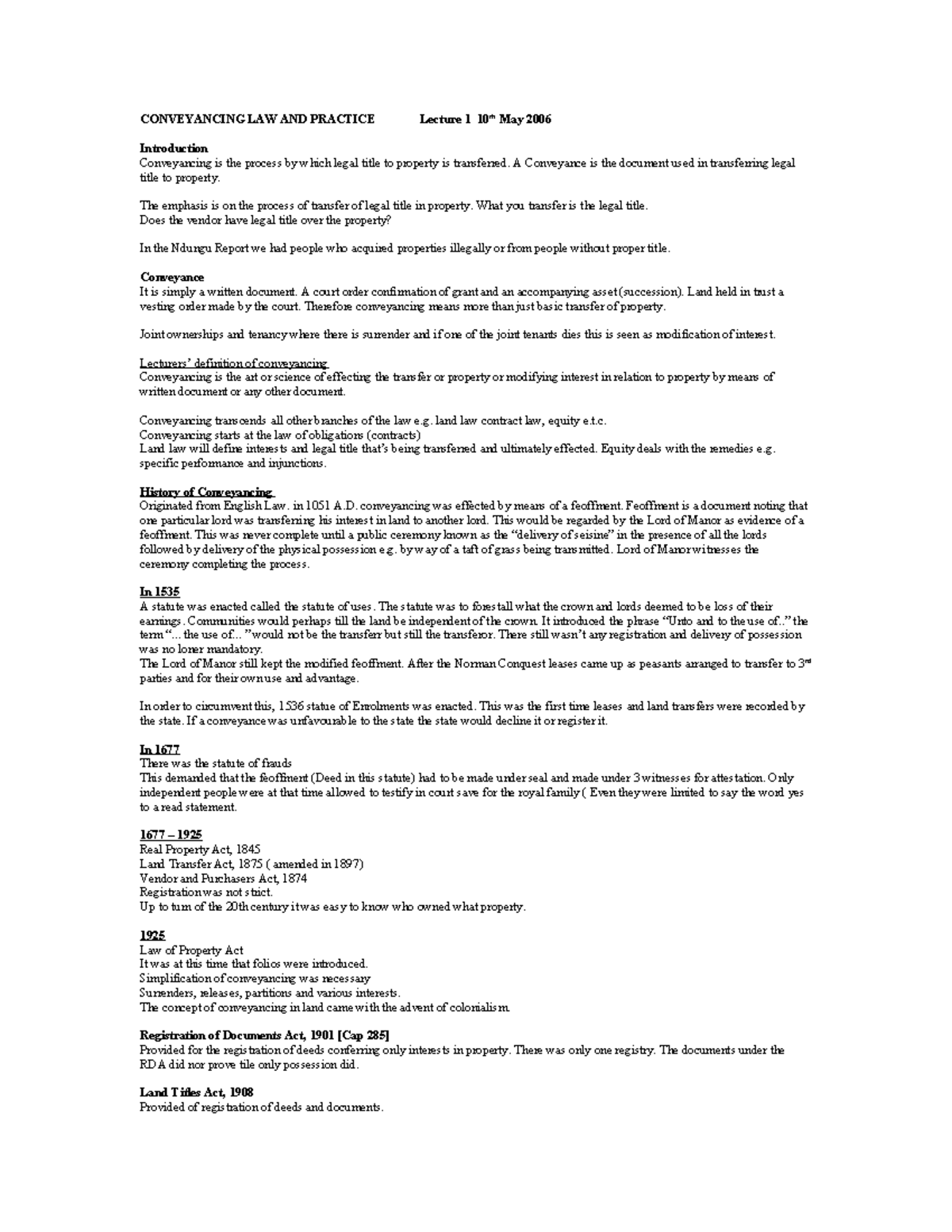 Conveyancing Lectures All Notes - CONVEYANCING LAW AND PRACTICE Lecture ...