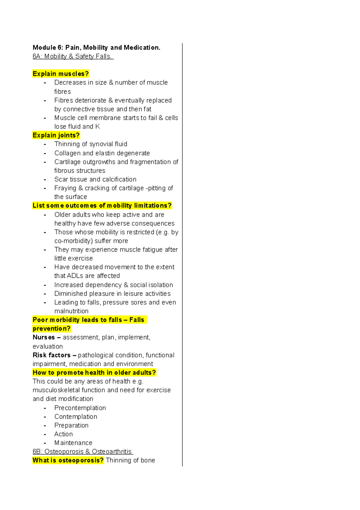 Module 6 - Lecture notes week 6 - Module 6: Pain, Mobility and ...