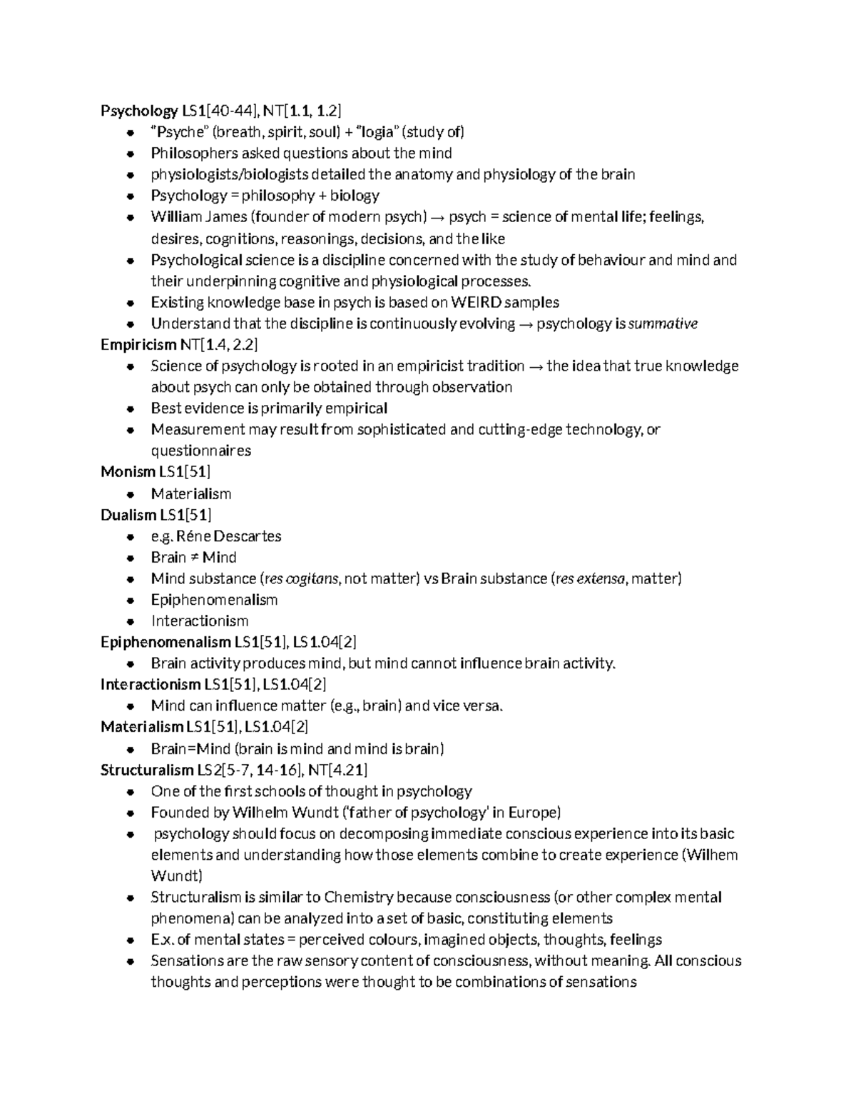 L01 and L02 Study Guide (Intro to psych and history of ideas in psych ...