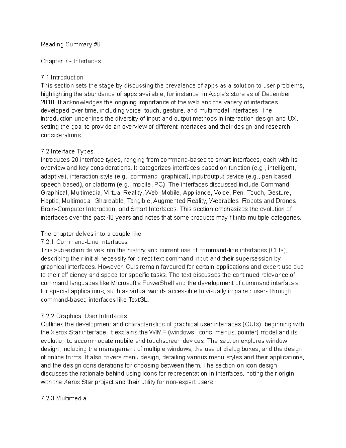 Reading Summary #6 - Interaction Design - Reading Summary # Chapter 7 - Interfaces 7 ...