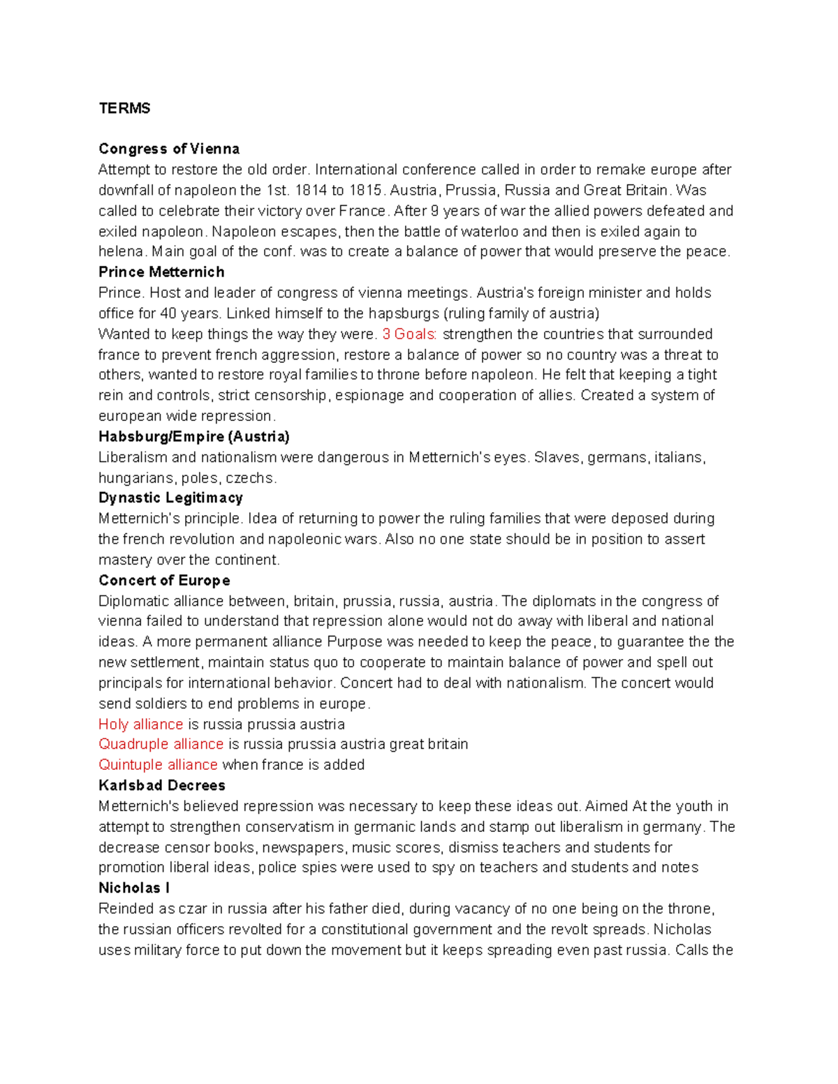 Congress of Vienna - Lecture notes 1 - TERMS Congress of Vienna Attempt ...