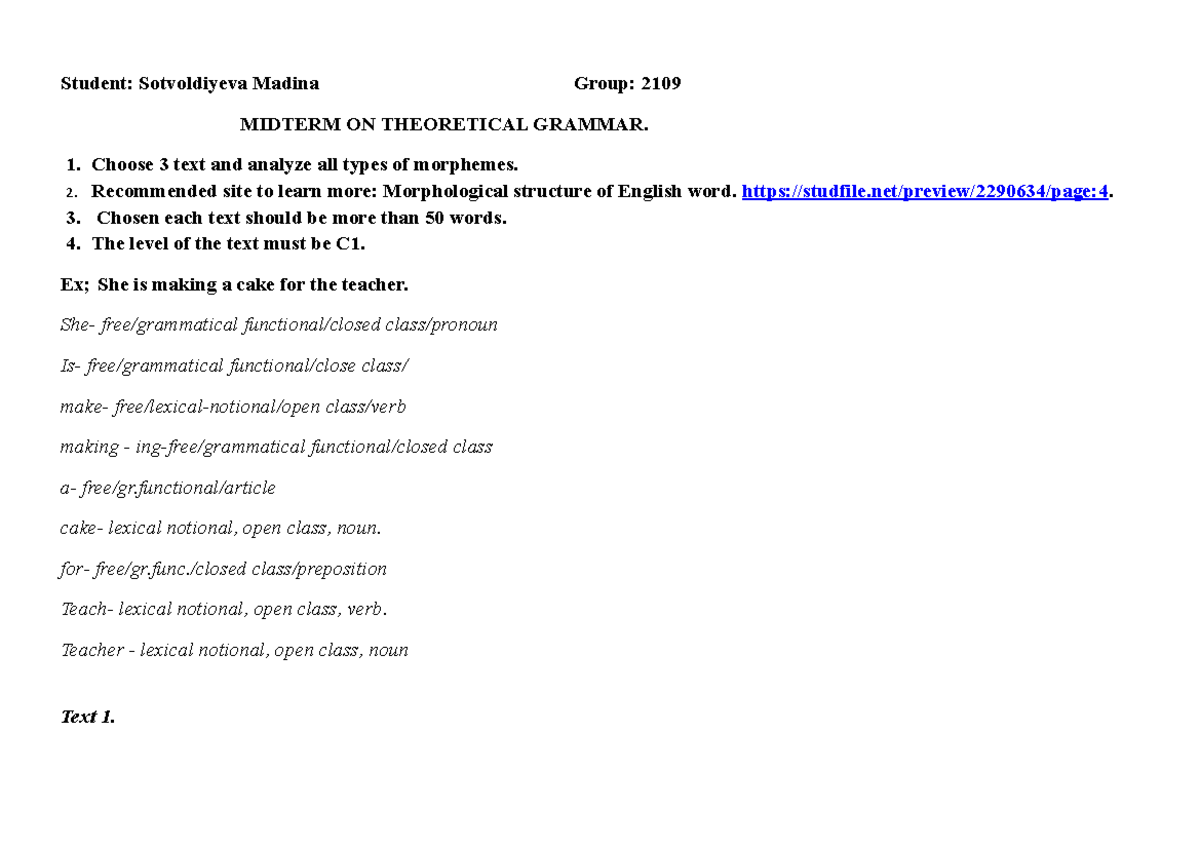 Theoretical Grammar mid term done - Student: Sotvoldiyeva Madina Group: 2109 MIDTERM ON ...