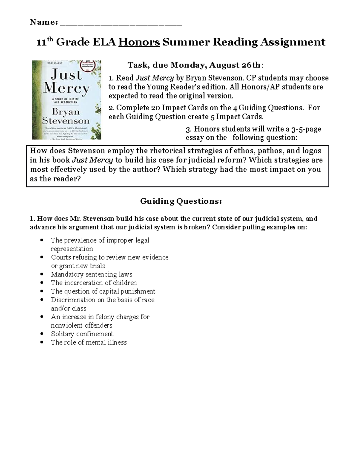 11th grade honors summer reading - Name: _____________________ 11 th ...