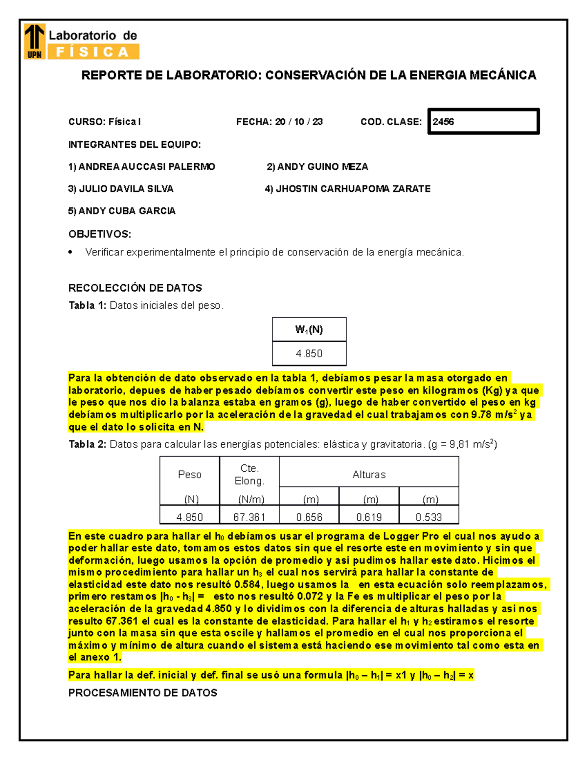 Reporte LAB FISI1 S10 CEM G4 - REPORTE DE LABORATORIO: CONSERVACIÓN DE LA ENERGIA MECÁNICA CURSO ...