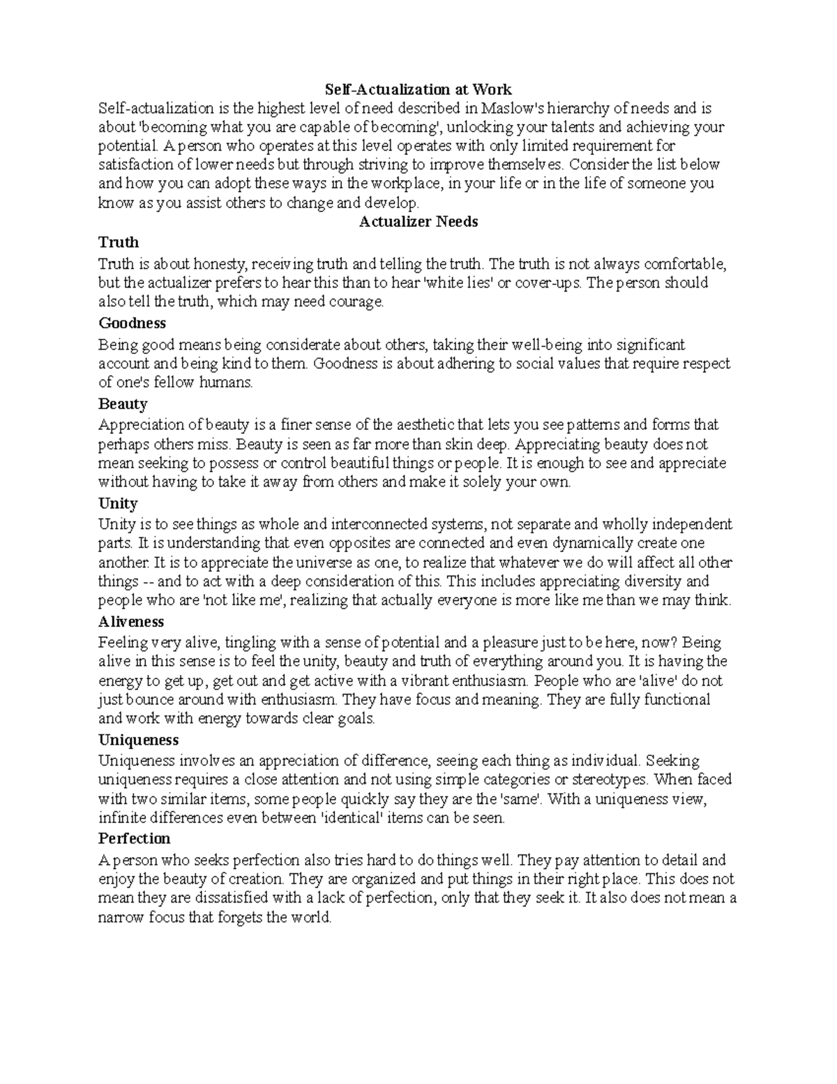 Self-Actualization at Work - Self-Actualization at Work Self ...