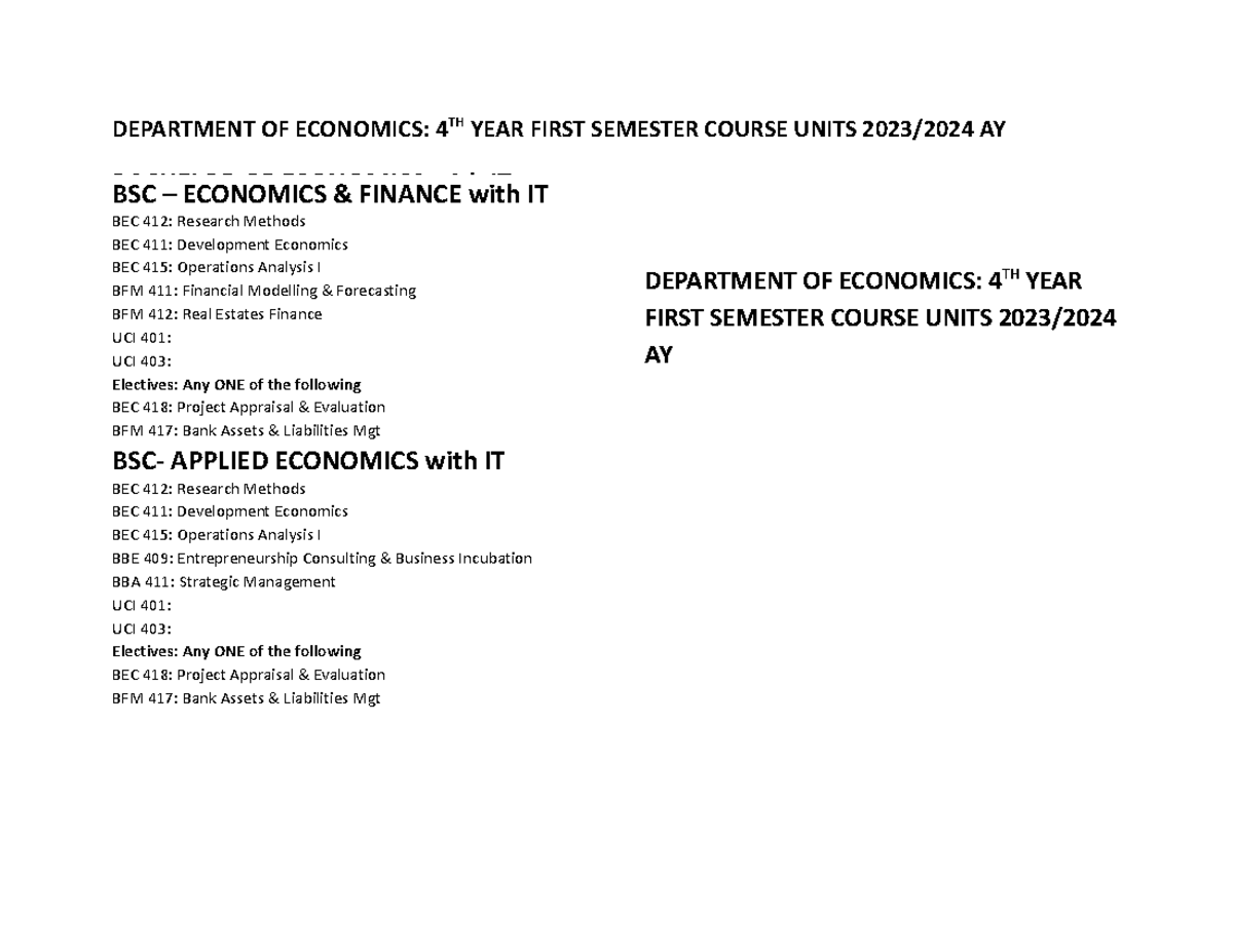 4TH Course Units - DEPARTMENT OF ECONOMICS: 4TH YEAR FIRST SEMESTER ...