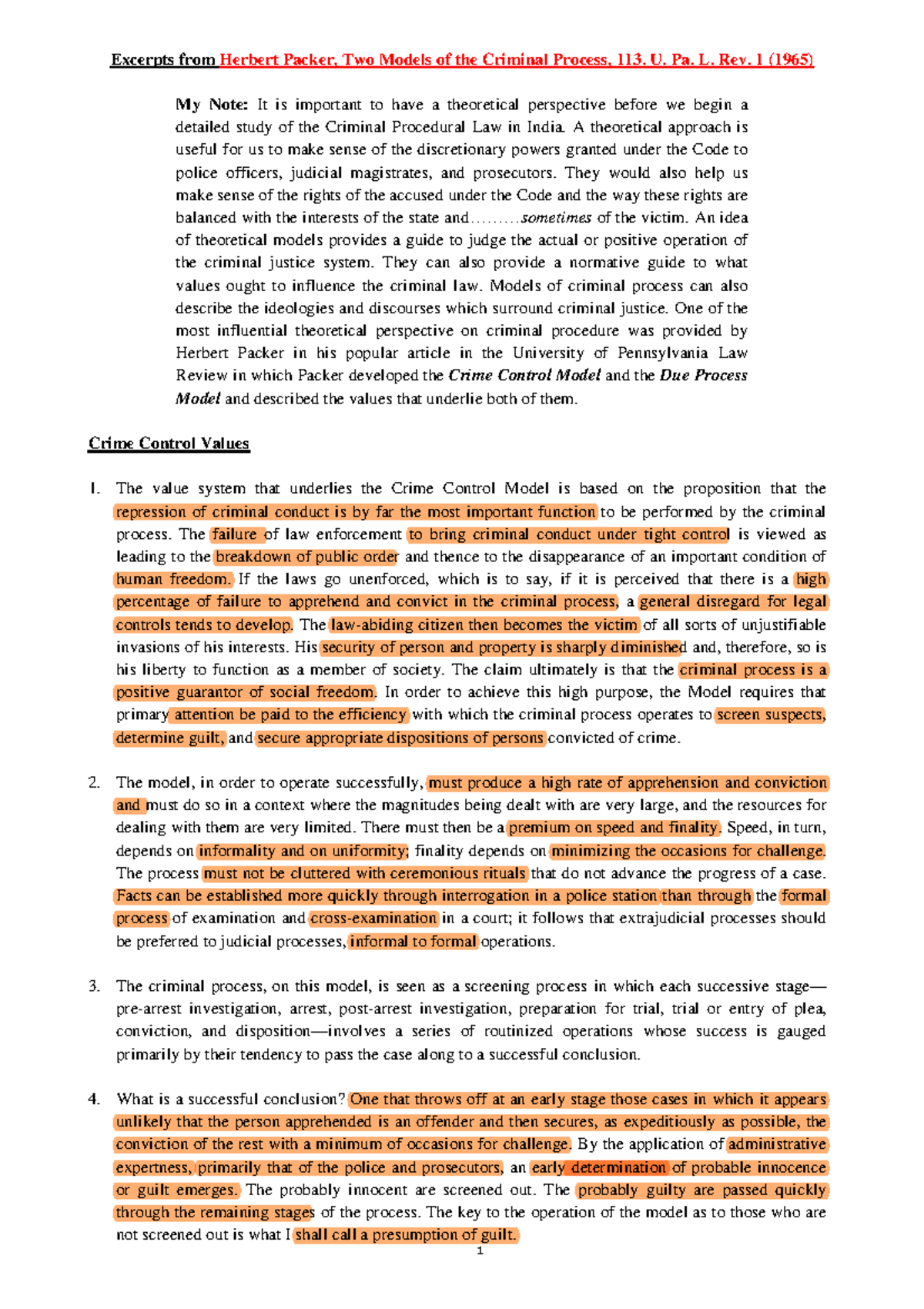 Herbert Packer - Summary - 1 Excerpts from Herbert Packer, Two Models of the Criminal Process ...