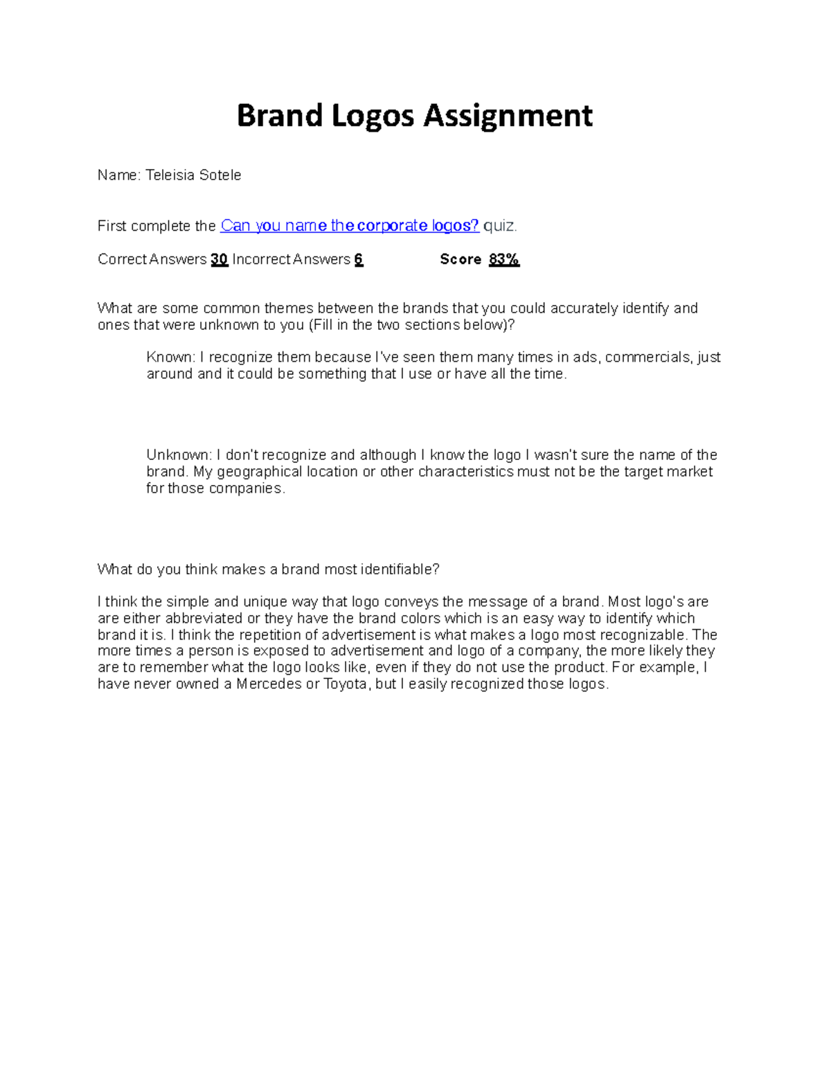 Mkt241 document Brand Logos Assignment - Brand Logos Assignment Name ...