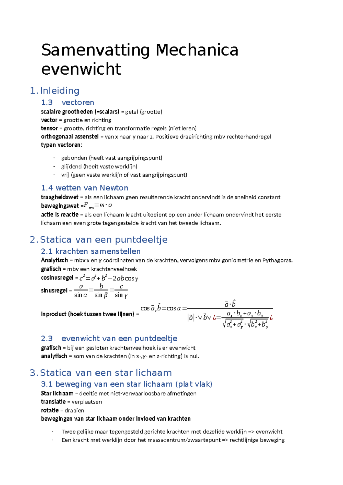 Samenvatting CM1 statica - Samenvatting Mechanica evenwicht 1 ...