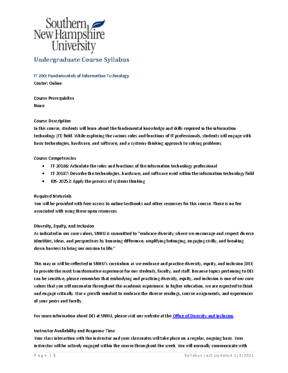 IT 200 Syllabus - INFO - Undergraduate Course Syllabus IT 200 ...