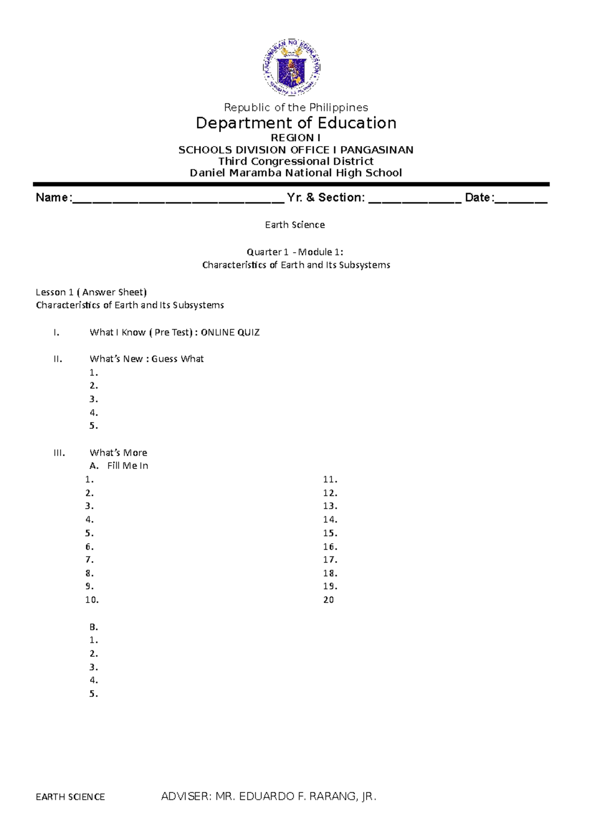Q1W1 ES M1 Lesson 1 Activity Sheet Your Name - Department of Education ...