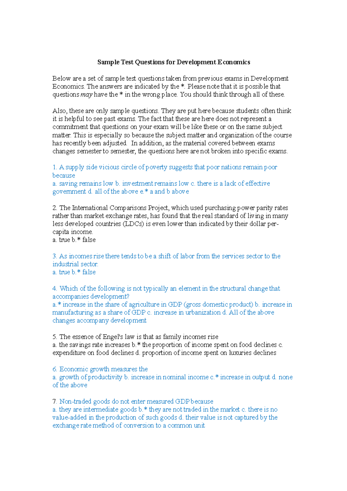 Sample Test Questions for Development Economics - The answers are ...