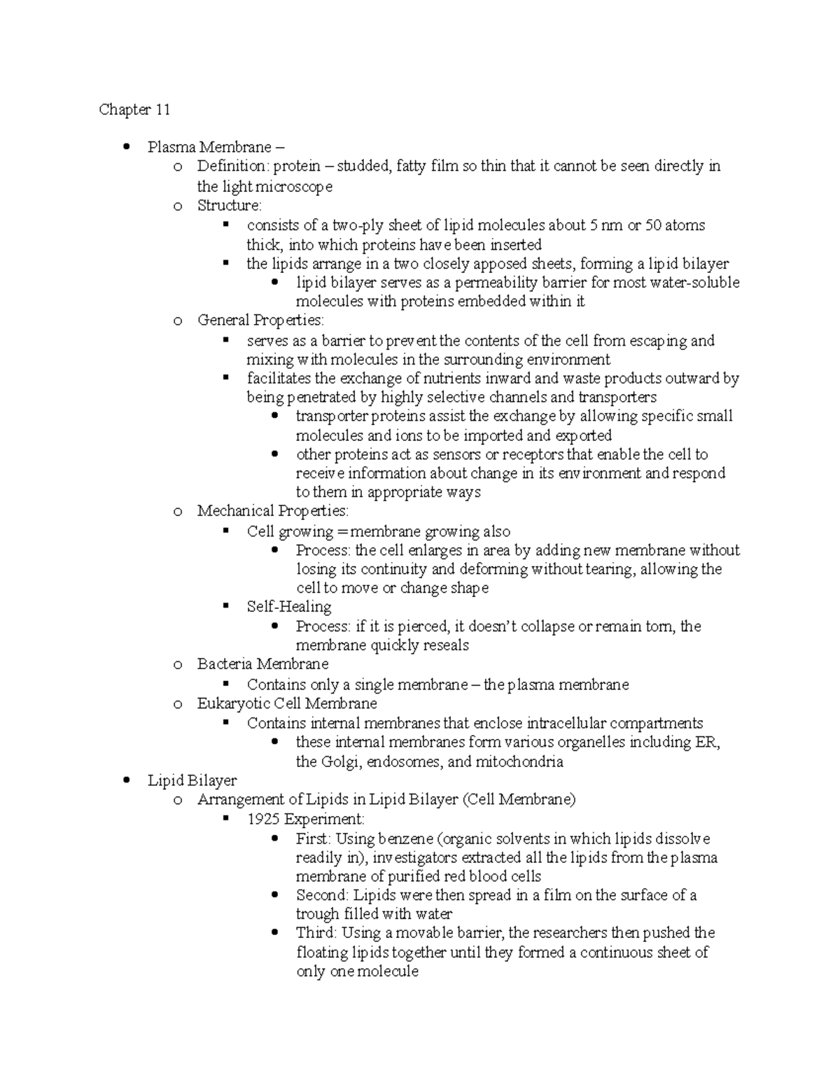 Cell Biology Lecture Notes - Chapter 11 Plasma Membrane – o Definition ...