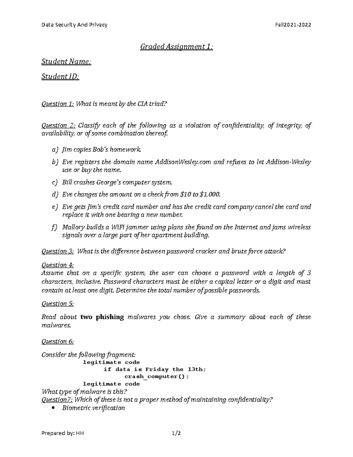 data base assignment - Data Security And Privacy Fall2021- Graded ...