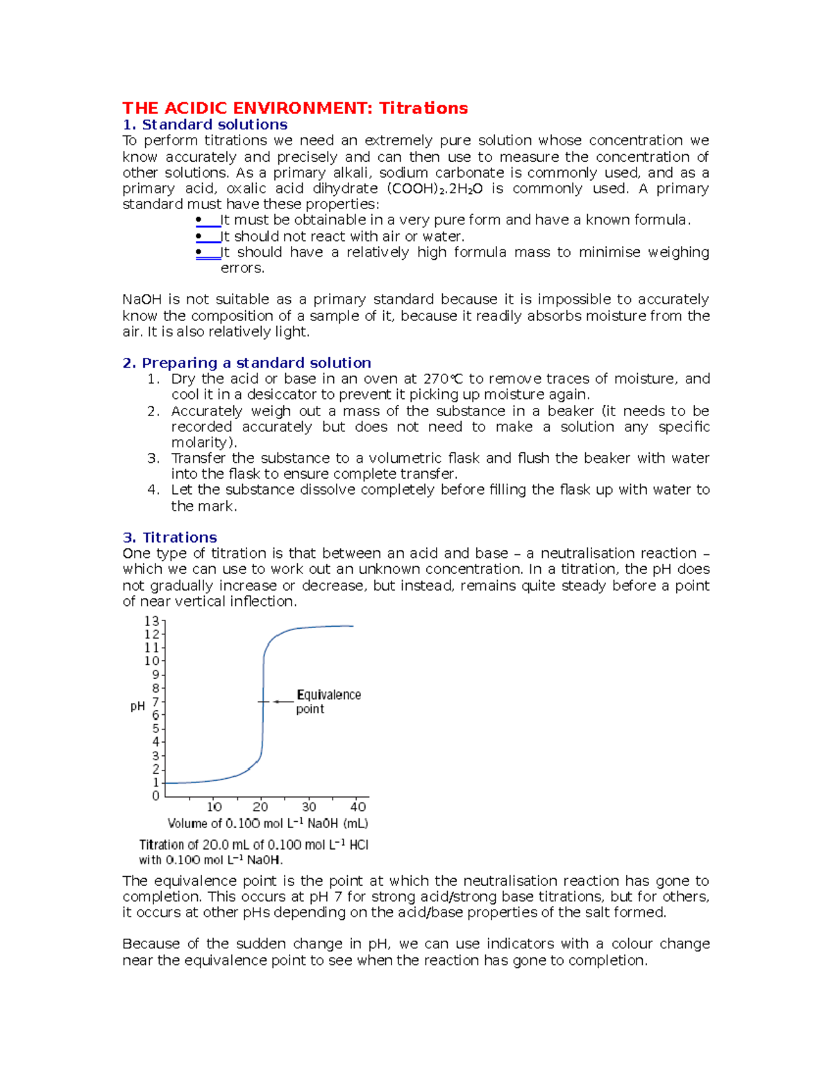 Chemistry -Titrations - THE ACIDIC ENVIRONMENT: Titrations 1. Standard ...