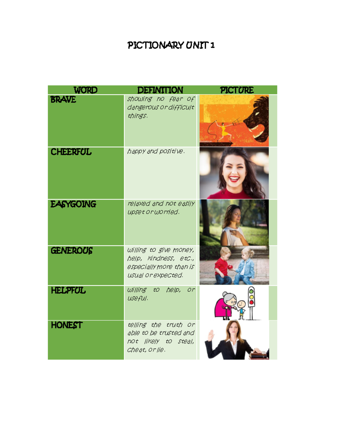 Pictionary UNIT 1 MZL - PICTIONARY UNIT 1 WORD DEFINITION PICTURE BRAVE ...