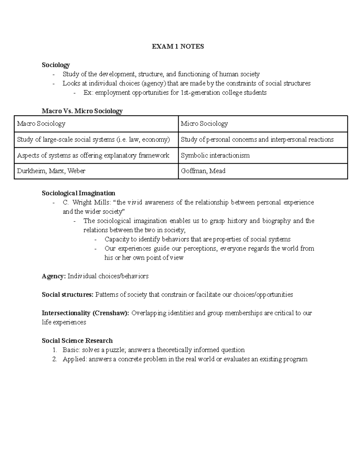SO201 Exam 1 Notes - EXAM 1 NOTES Sociology - Study of the development ...