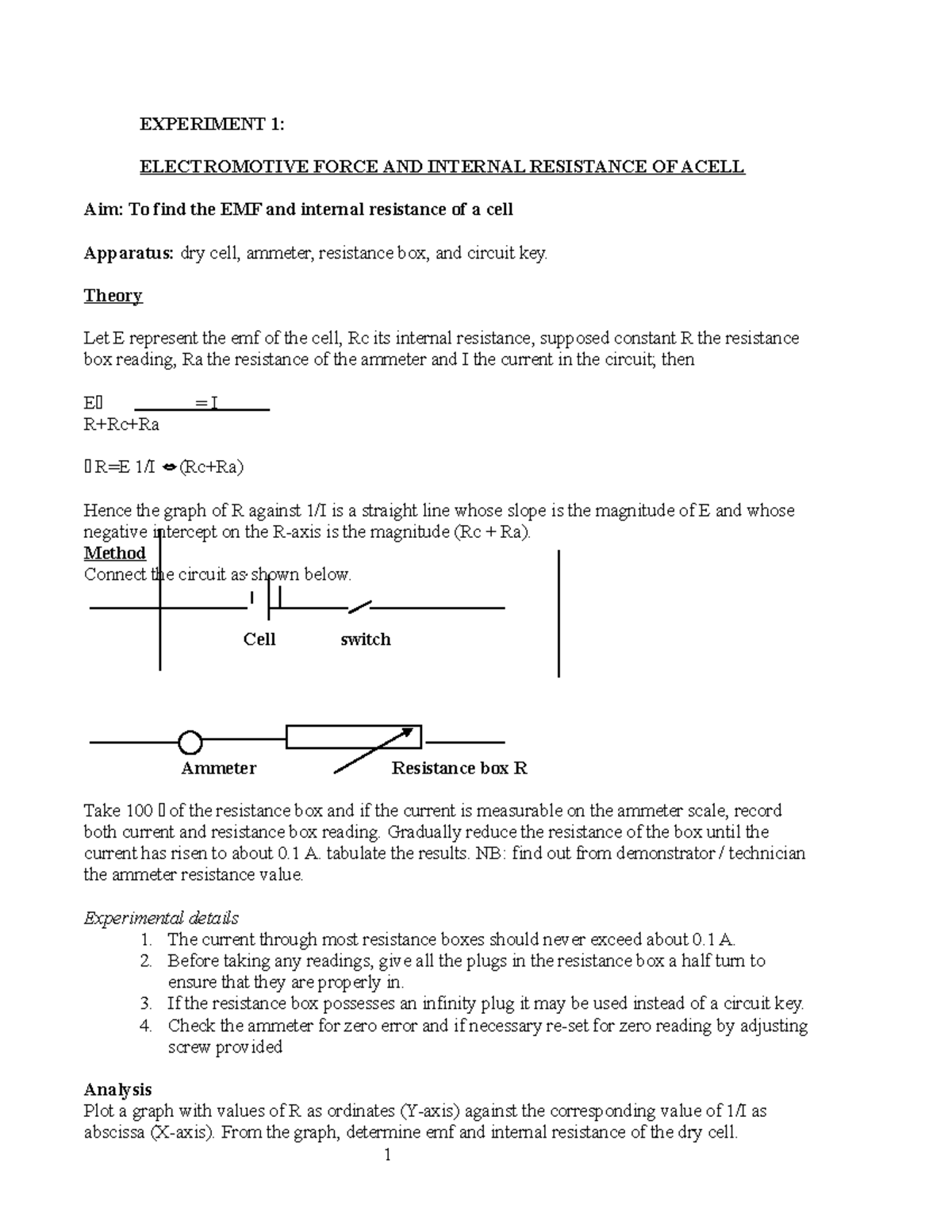 Electromotive Force AND Internal Resistance OF A CELL - EXPERIMENT 1 ...