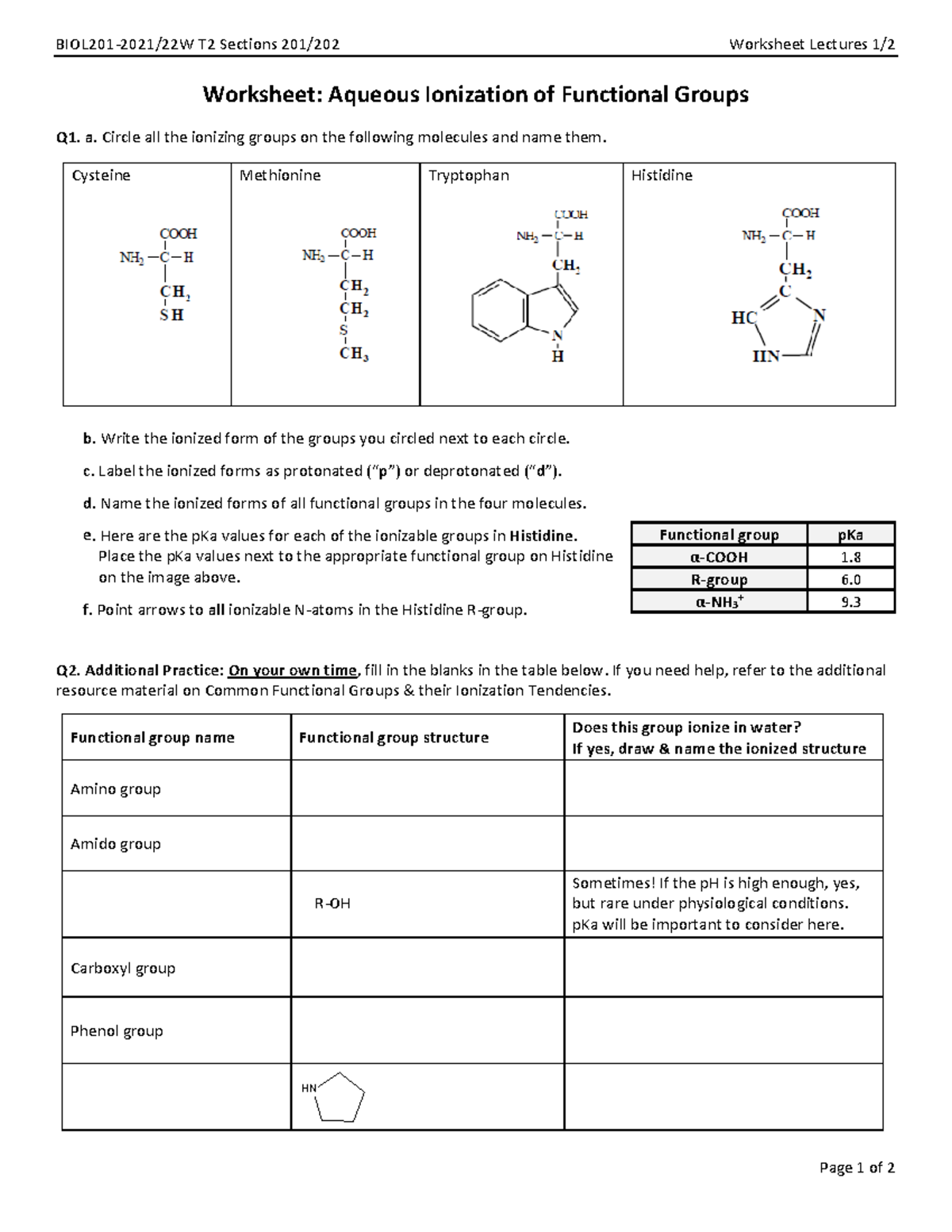 01 Worksheet Aqueous Ionization Jan 2022 - BIOL201-202 1 /2 2 W T2 ...