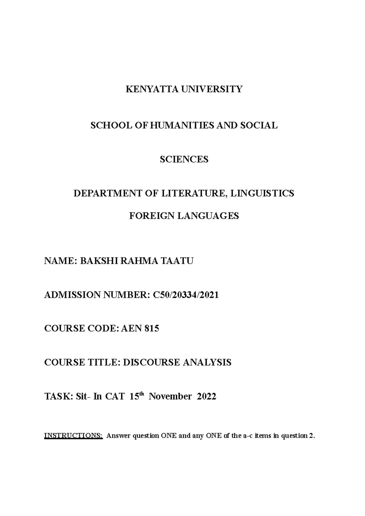 Discourse CAT - KENYATTA UNIVERSITY SCHOOL OF HUMANITIES AND SOCIAL ...