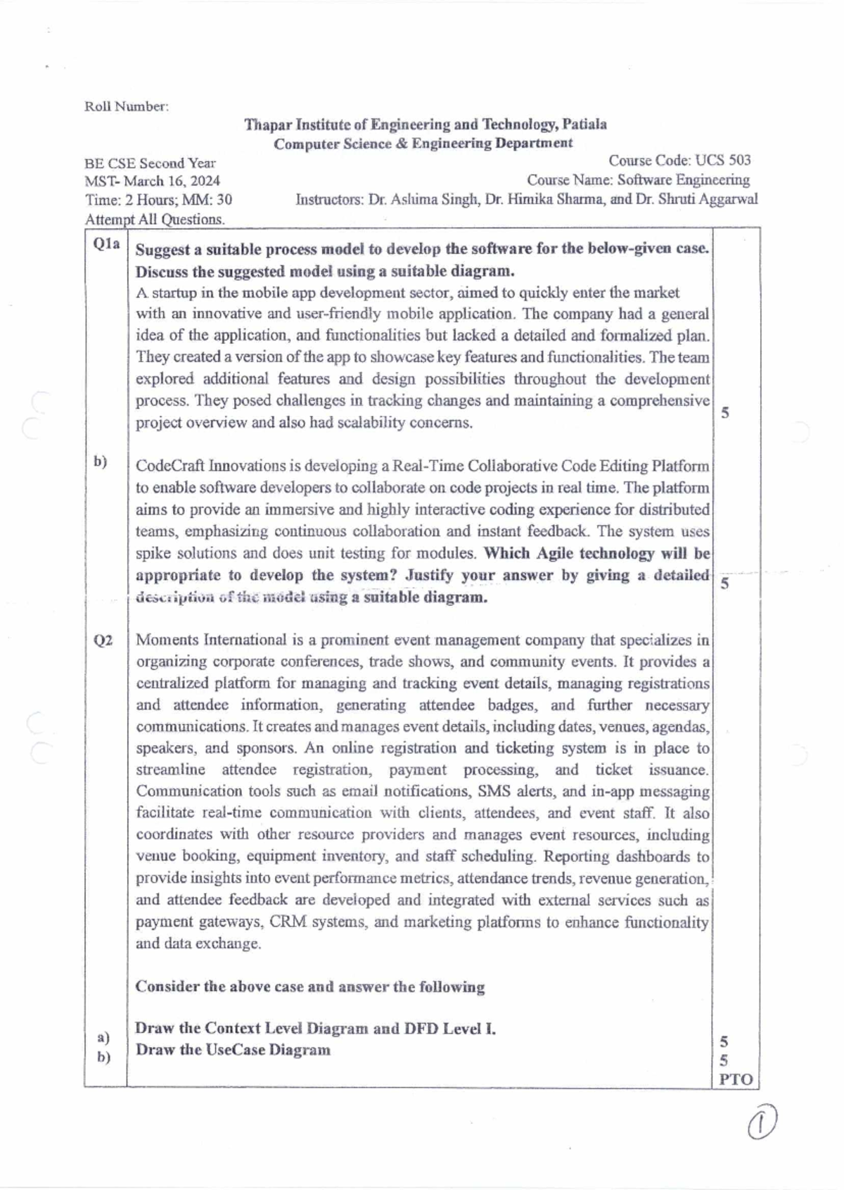 UCS503 - exam paper - Roll Number: BE CSE Second Year MST- March 16, 2024 Time: 2 Hours; MM: 30 ...