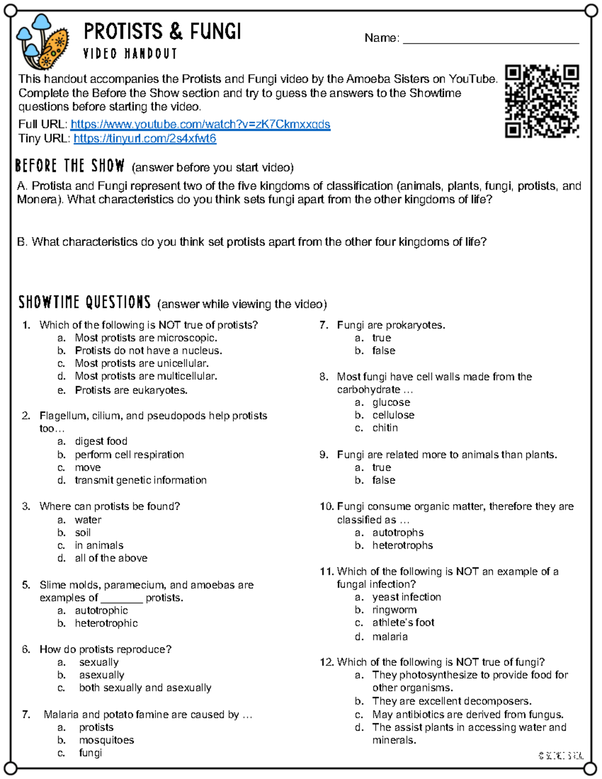 Protists and Fungi Video Worksheet - PROTISTS & FUNGI V I D E O H A N D ...