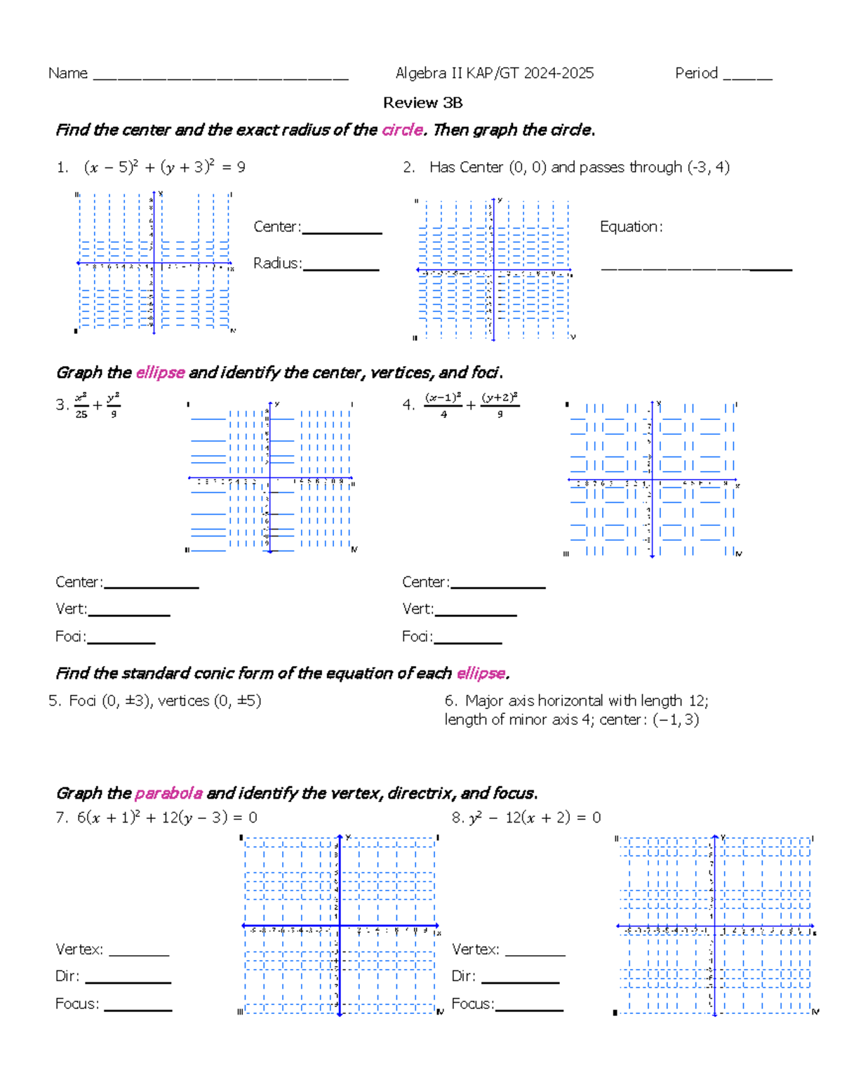 Review 3B 2024 - Name _______________________________ Algebra II KAP/GT ...