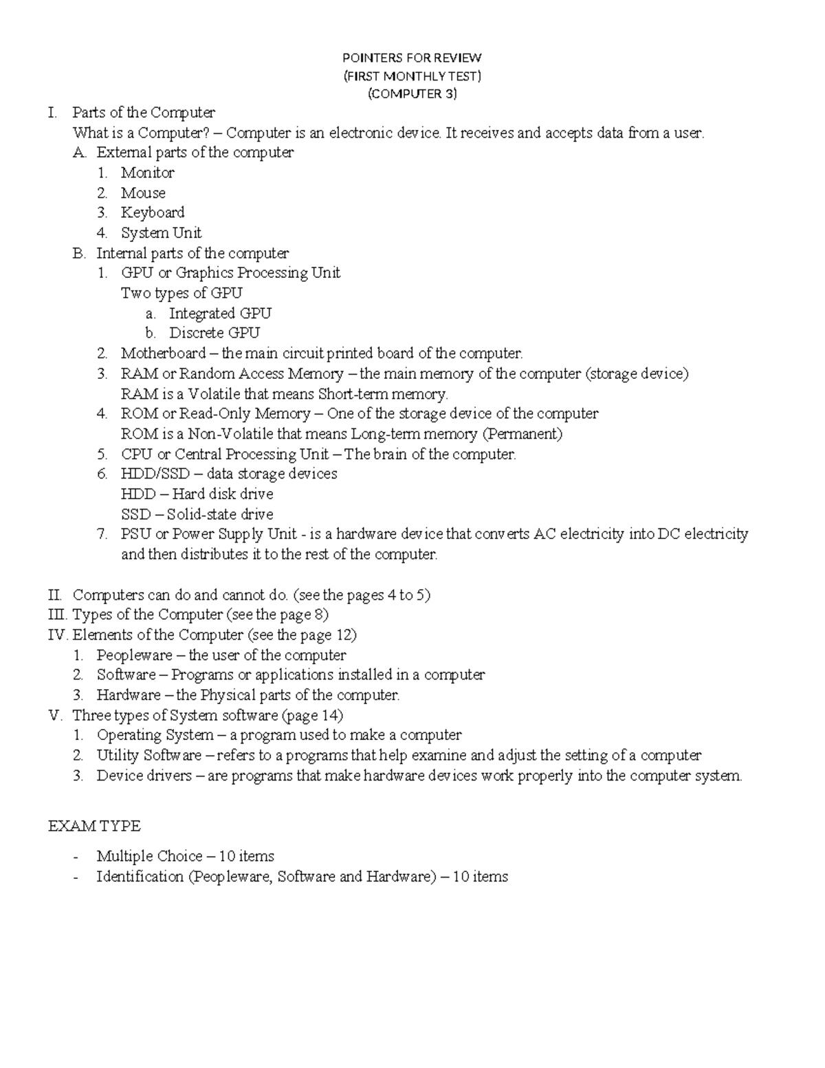 Grade 3 - Nmlm bnmm - POINTERS FOR REVIEW (FIRST MONTHLY TEST ...