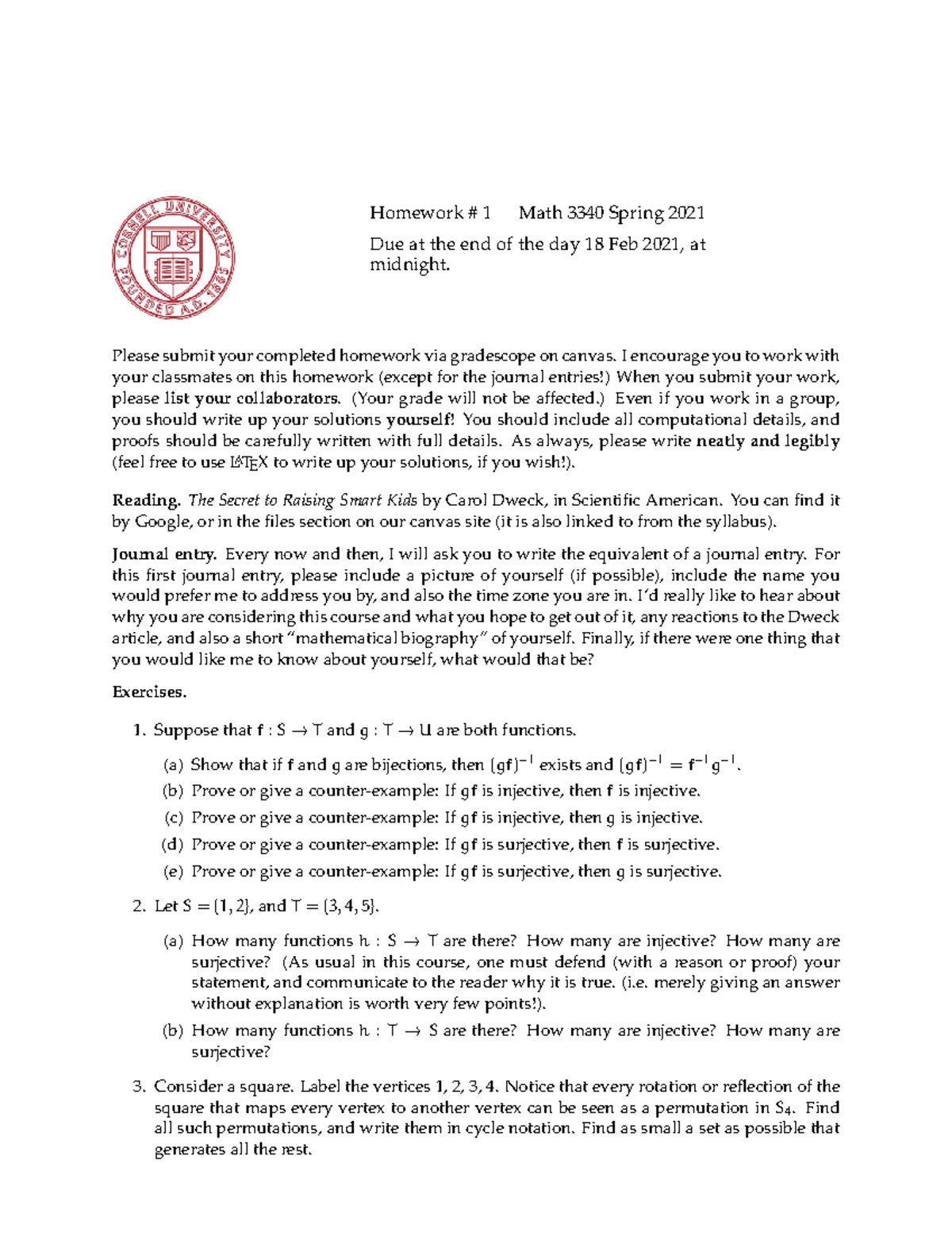 Hw1 Homework Assignment From Math 3340 Taught By Professor Mike Stillman During Homework 1
