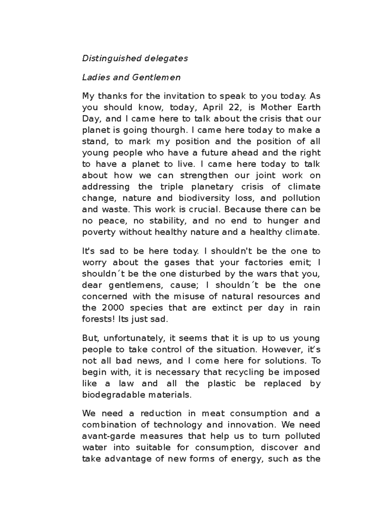 Discurso sobre o ambiente-Inglês - Distinguished delegates Ladies and ...