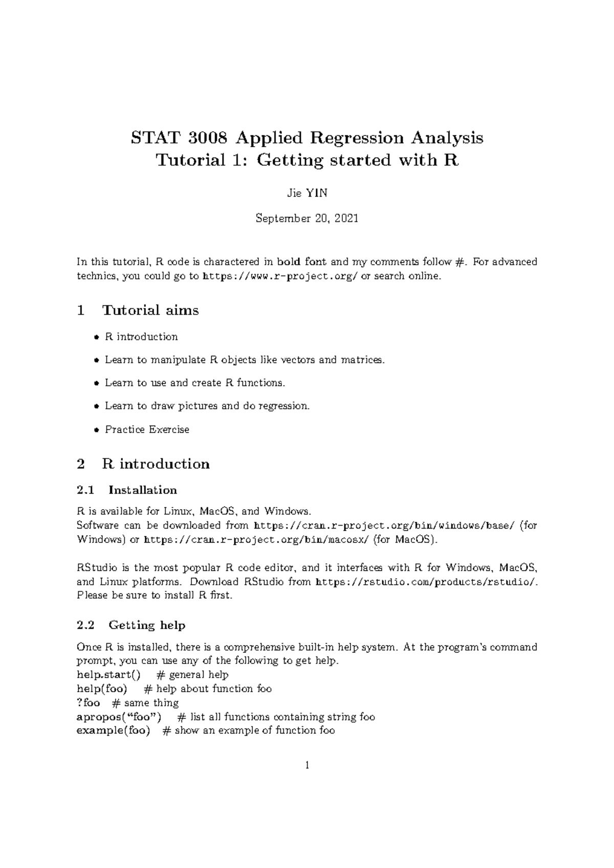 Tutorial 1 Rbasics Regression And R Setup And Basic Syntax Stat