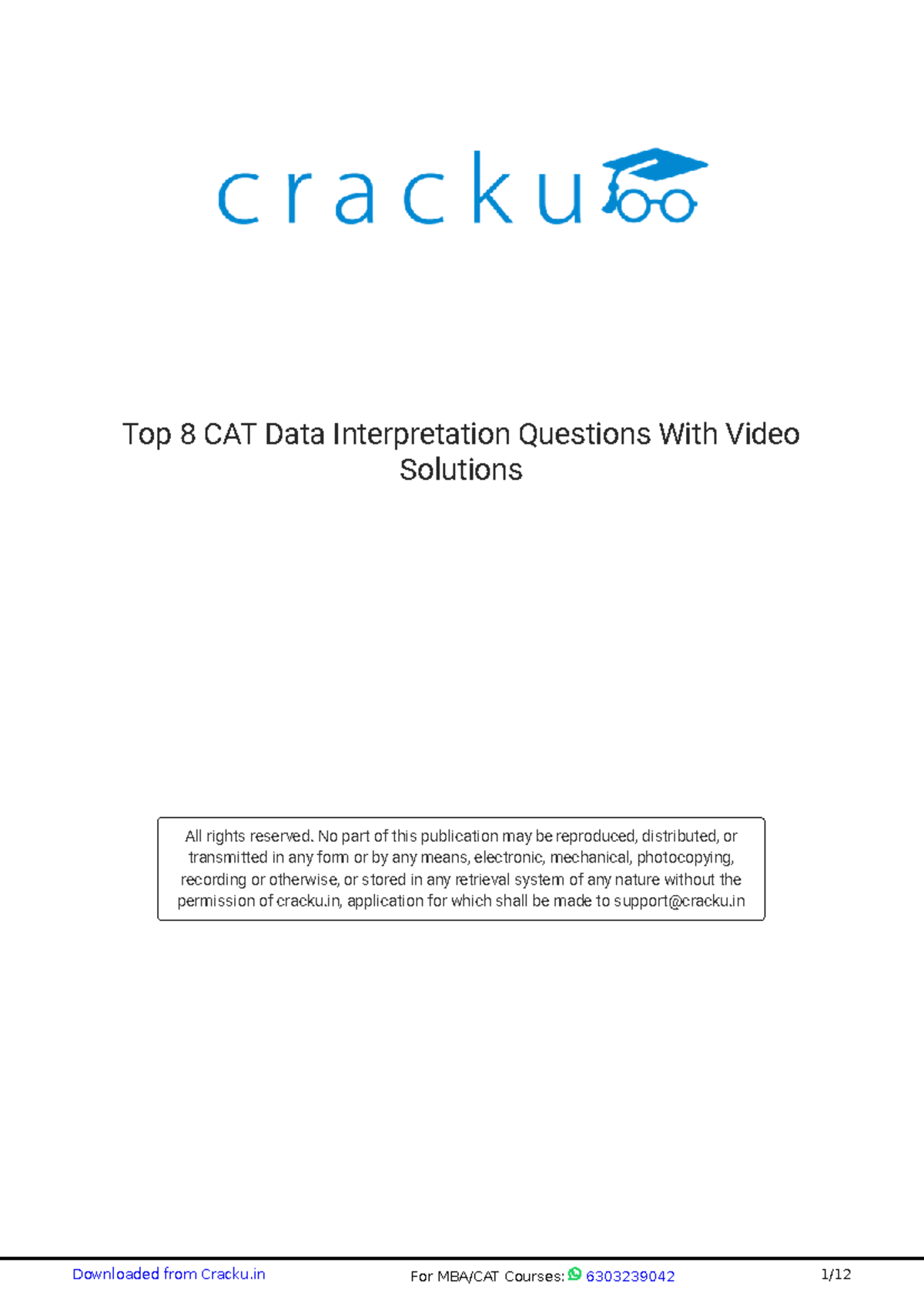 Top 8 CAT Data Interpretation Questions With Video Solutions - No part of this publication may ...