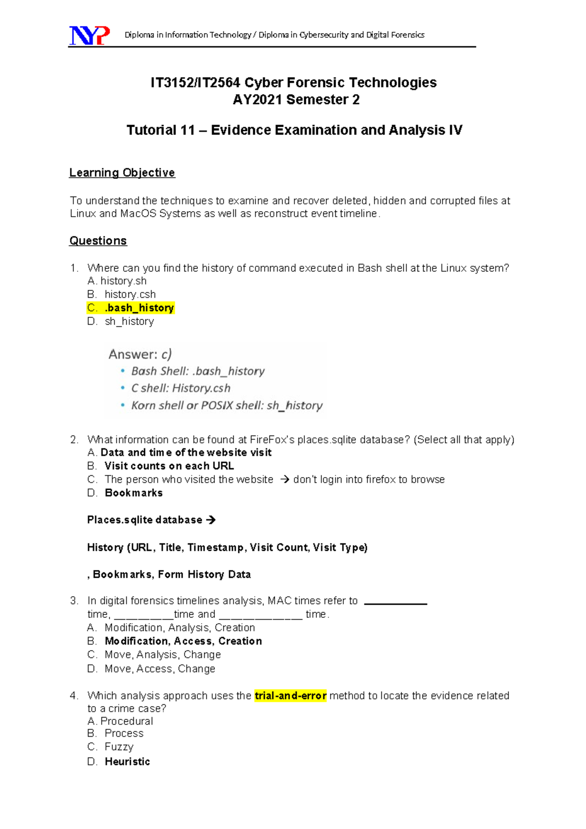 Cfort T11 - Tutorial - IT3152/IT2564 Cyber Forensic Technologies AY2021 Semester 2 Tutorial 11 ...
